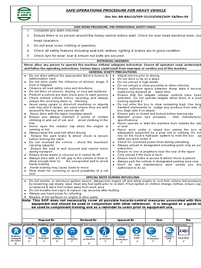 18 SOP For Heavy Vehicles | PDF | Truck | Vehicles