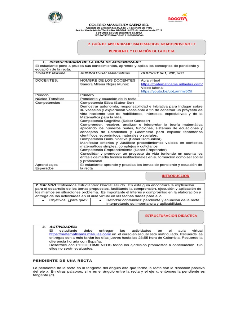 Identificación de La Guía de Aprendizaje:: GRADO: Noveno ASIGNATURA: Matemáticas CURSOS: 901 ...