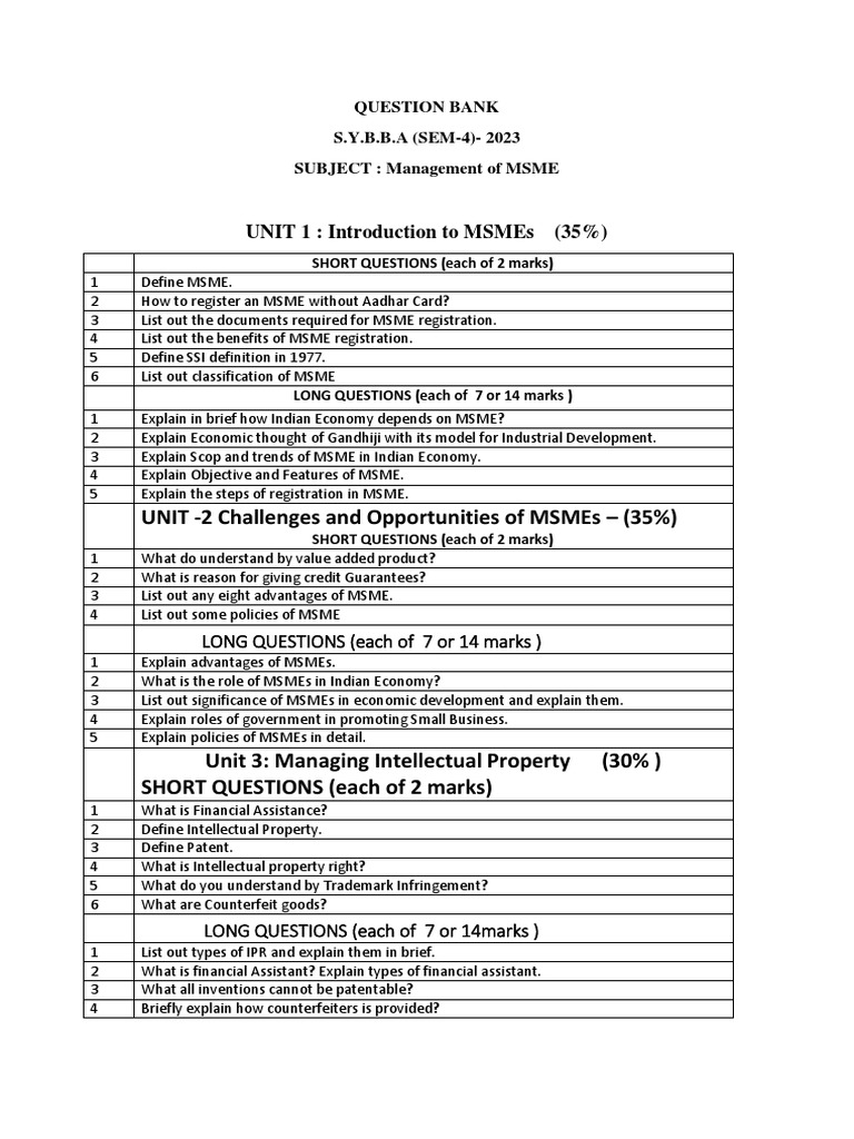 MSME Management Question Bank 2023 | PDF