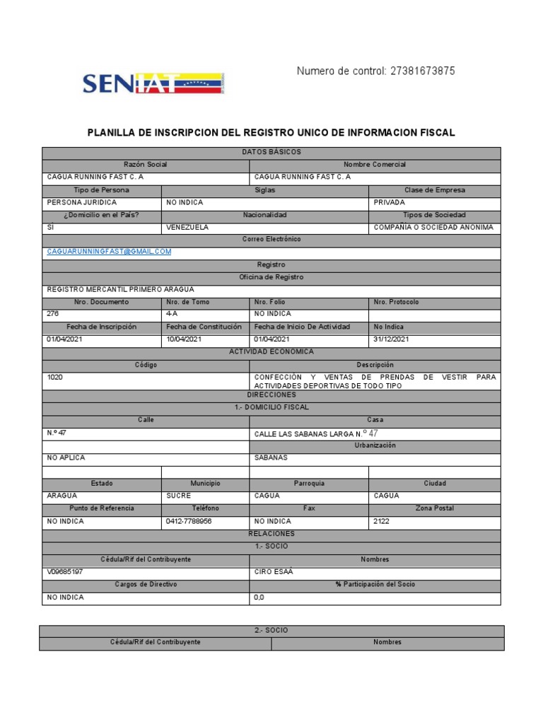 Numero de Control: 27381673875: Planilla de Inscripcion Del Registro ...