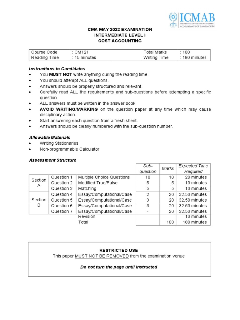 CM121.COAIL I Question CMA May 2022 Examination | PDF | Cost Accounting ...