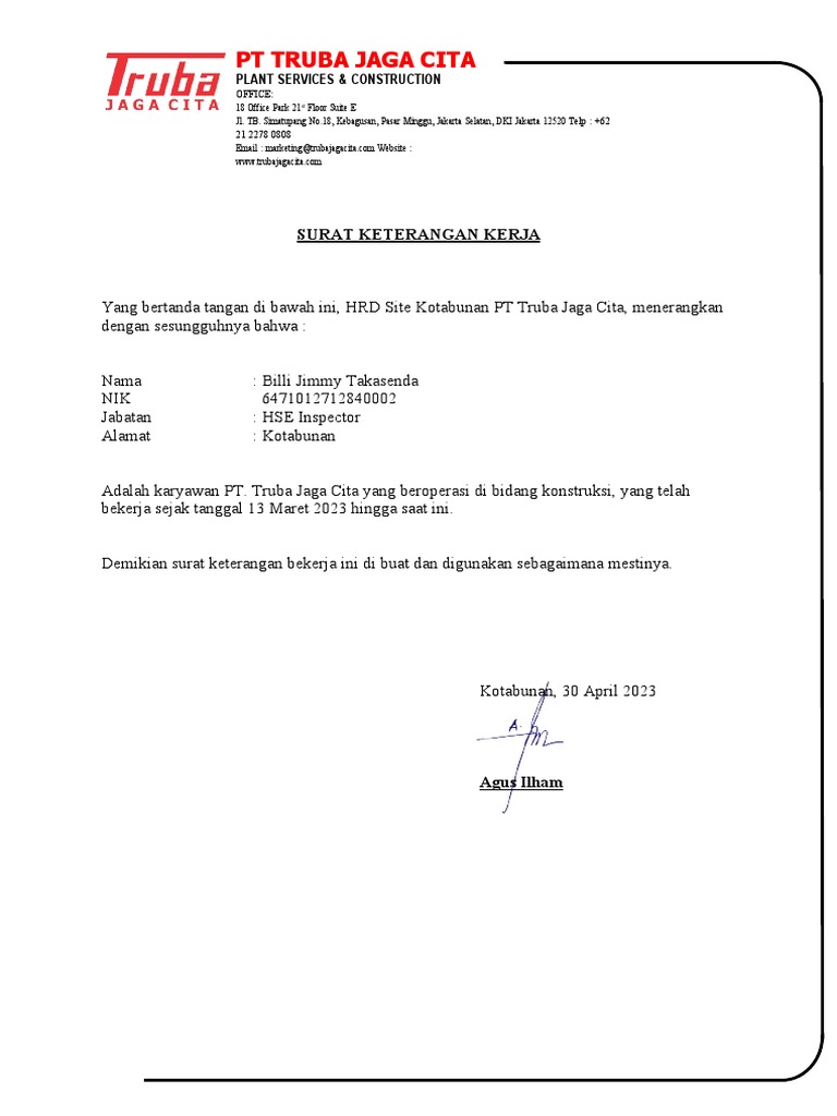PT Truba Jaga Cita: Surat Keterangan Kerja | PDF