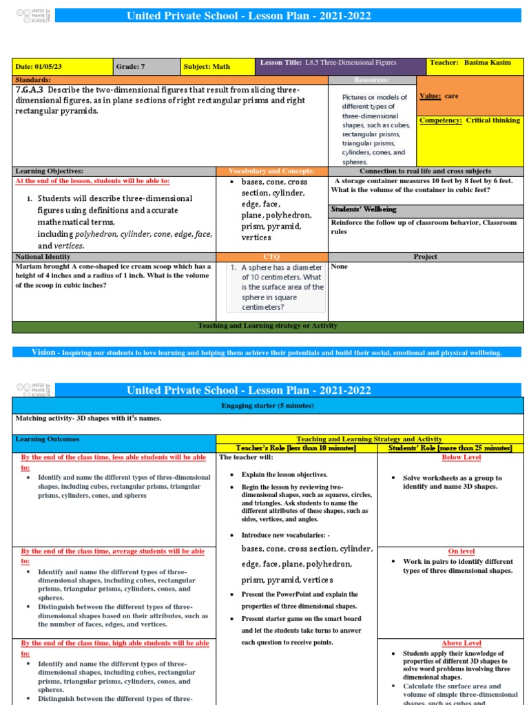 United Private School - Lesson Plan - 2021-2022 | PDF | Area | Shape