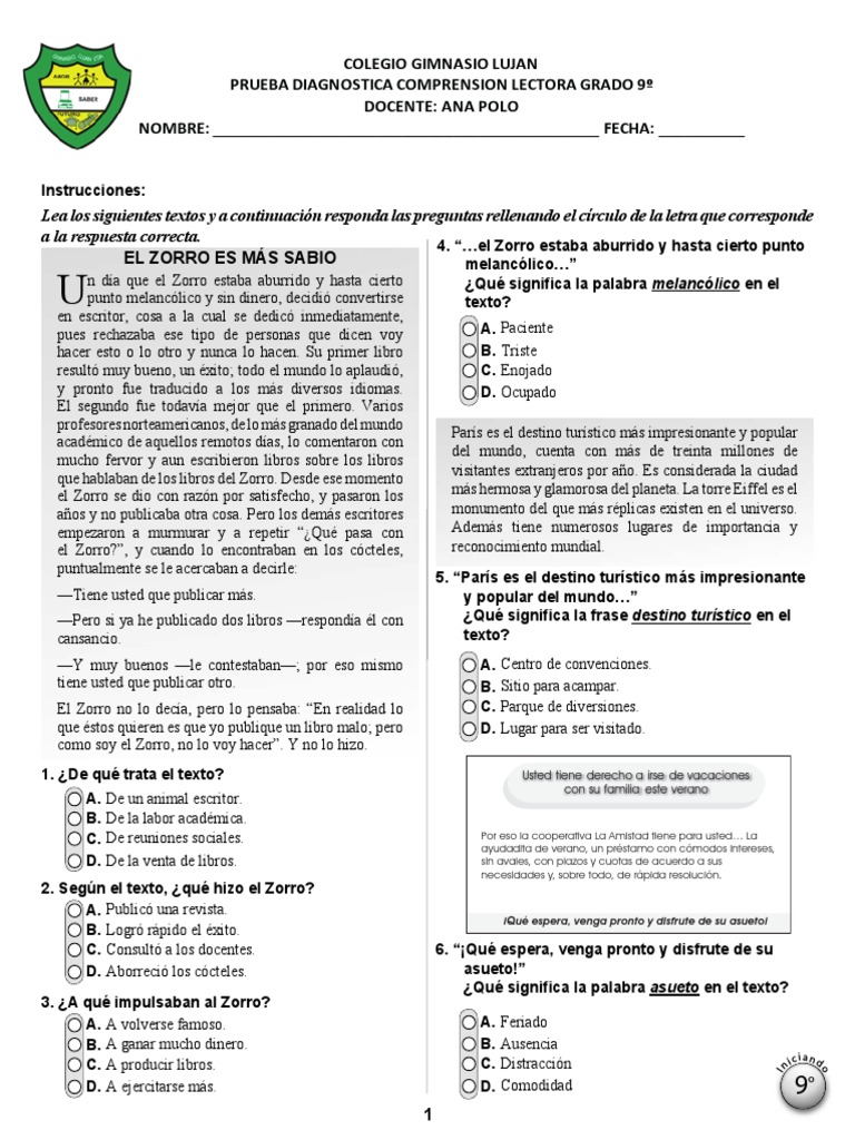 Prueba Lectura Comprension Lectora | PDF