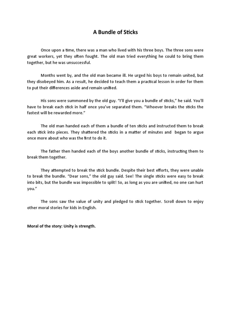 A Bundle of Sticks: Moral of The Story: Unity Is Strength | PDF