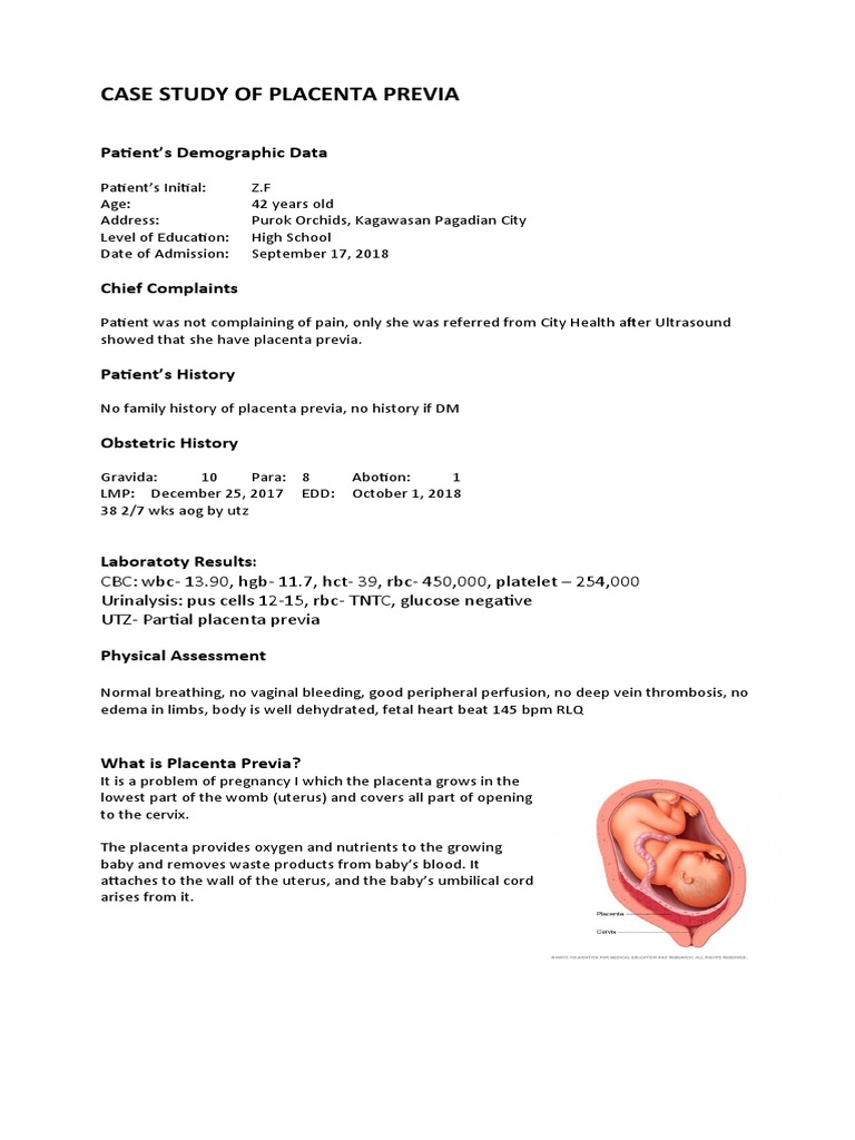 Case Study of Placenta Previa: Patient's Demographic Data | PDF | Placenta | Uterus