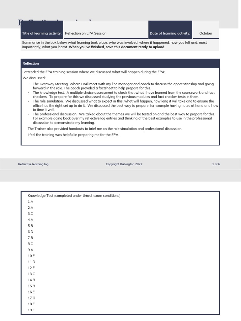 Reflective Learning Log: Title of Learning Activity: Date of Learning Activity | Download Free ...