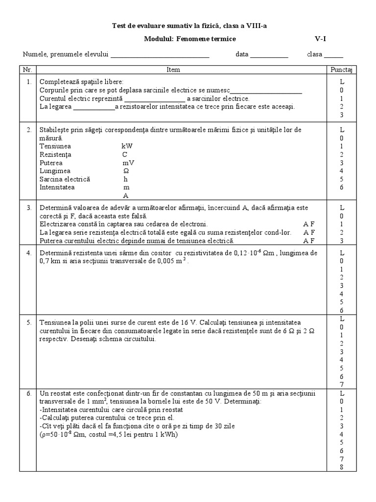 Evaluare Sumativa Fizica 8 Fenomene Electrice RM | PDF