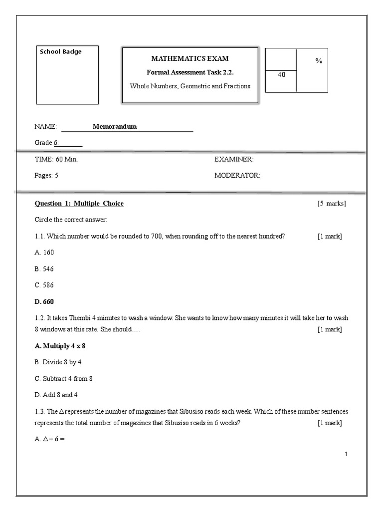 Term 2 Examination Memo | PDF | Elementary Mathematics | Mathematics