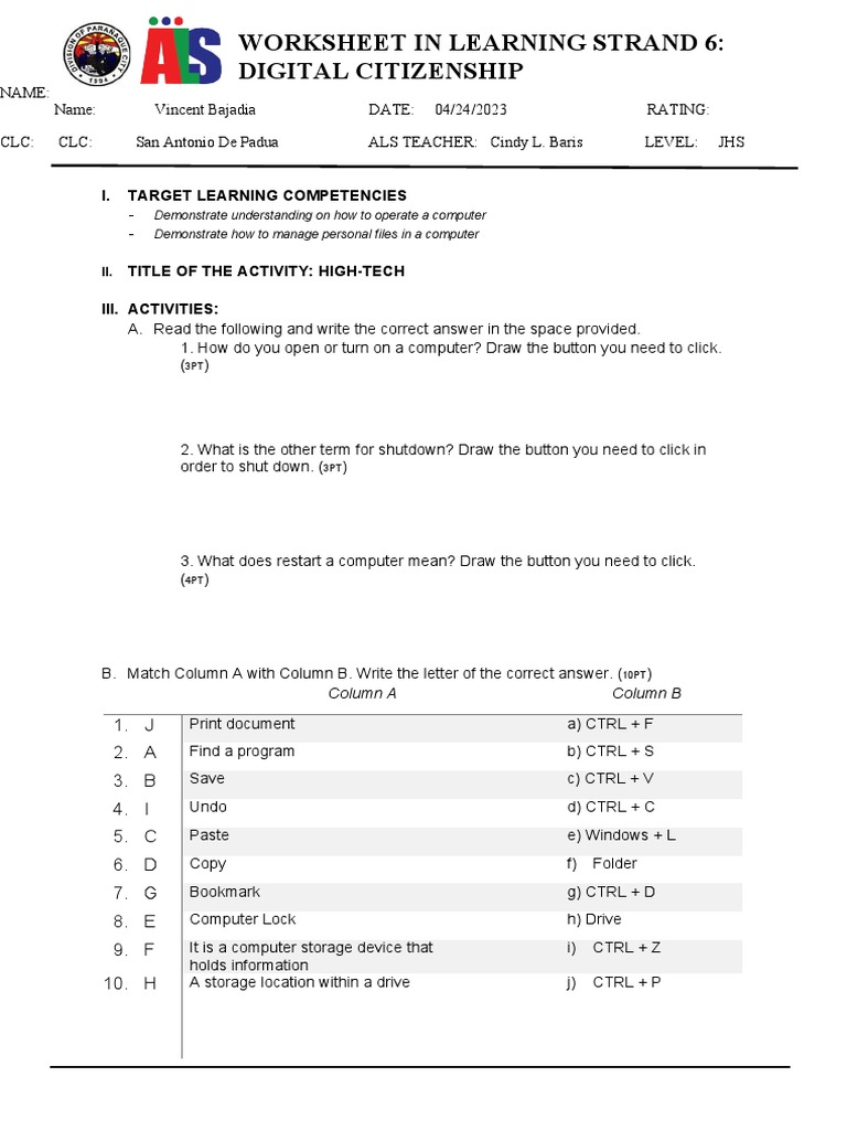LS6 WorkSheet | PDF