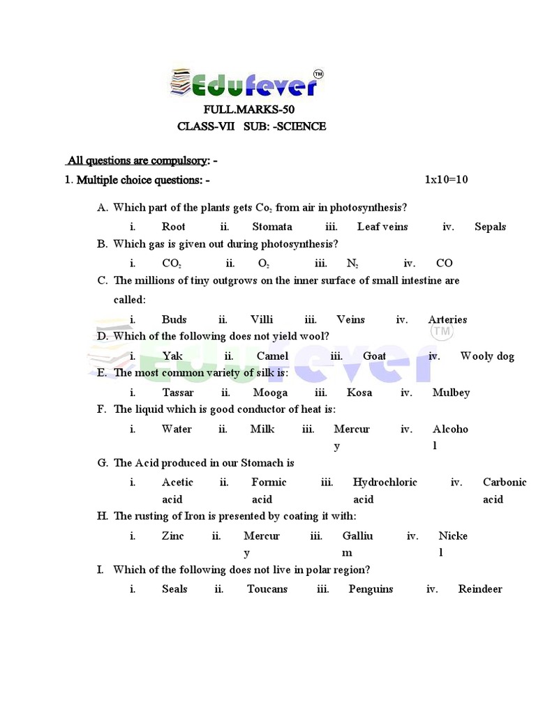 Cbse Class 7 Science Sample Paper 50 | PDF | Carbon Dioxide | Acid