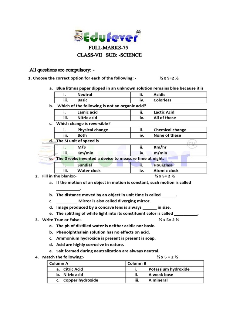 Cbse Class 7 Science Sample Paper 75 | PDF | Acid | Carbon Dioxide
