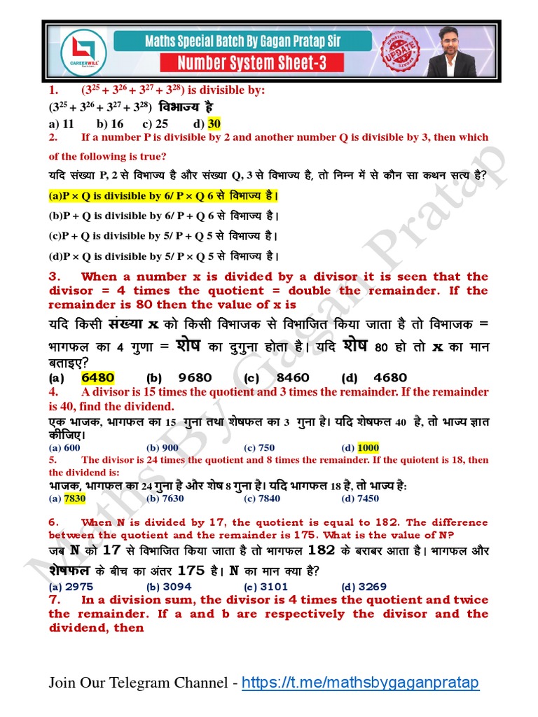 252564number System Sheet - 3 - Crwill | PDF | Division (Mathematics) | Mathematics