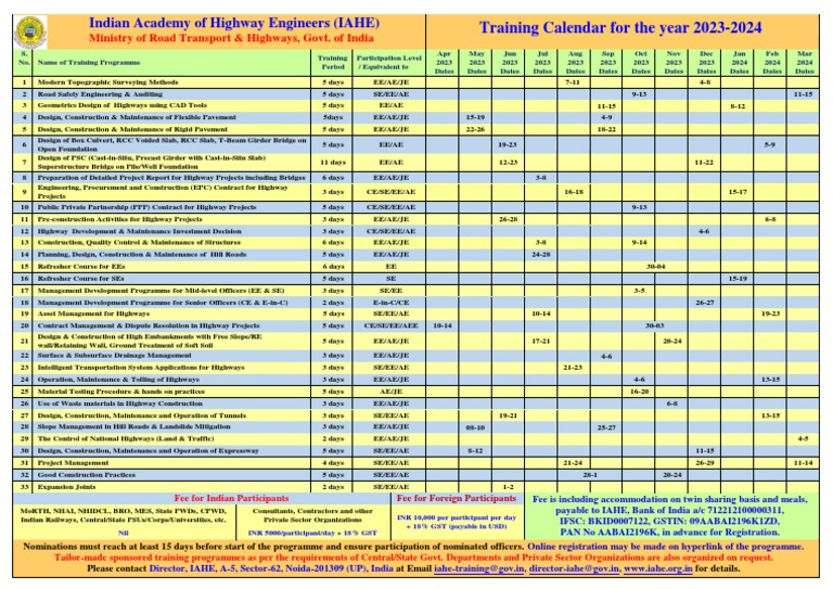 Indian Academy of Highway Engineers (IAHE) : Training Calendar For The ...