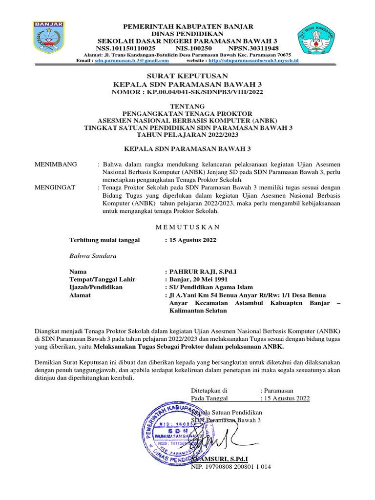 Pengangkatan Proktor ANBK SDN Paramasan | PDF