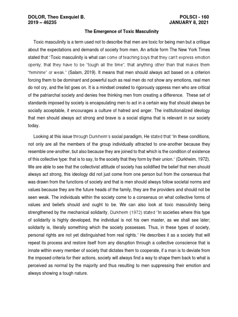 TOXIC MASCULINITY (ESSAY BY Theo Dolor) | PDF | Masculinity | Society