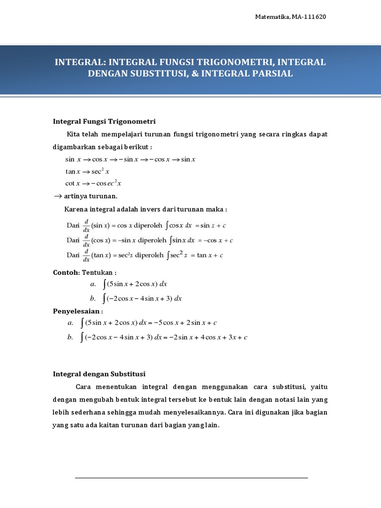 10.2. Integral Trigonometri, Substitusi, Dan Parsial | PDF
