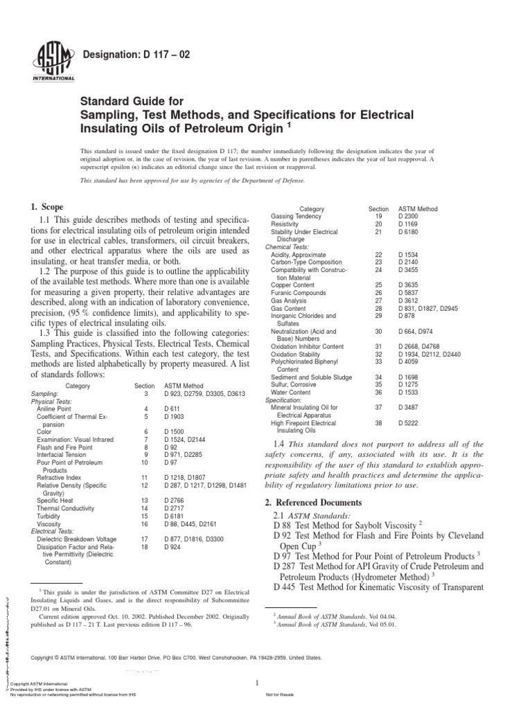 Sampling, Test Methods, and Specifications For Electrical Insulating ...