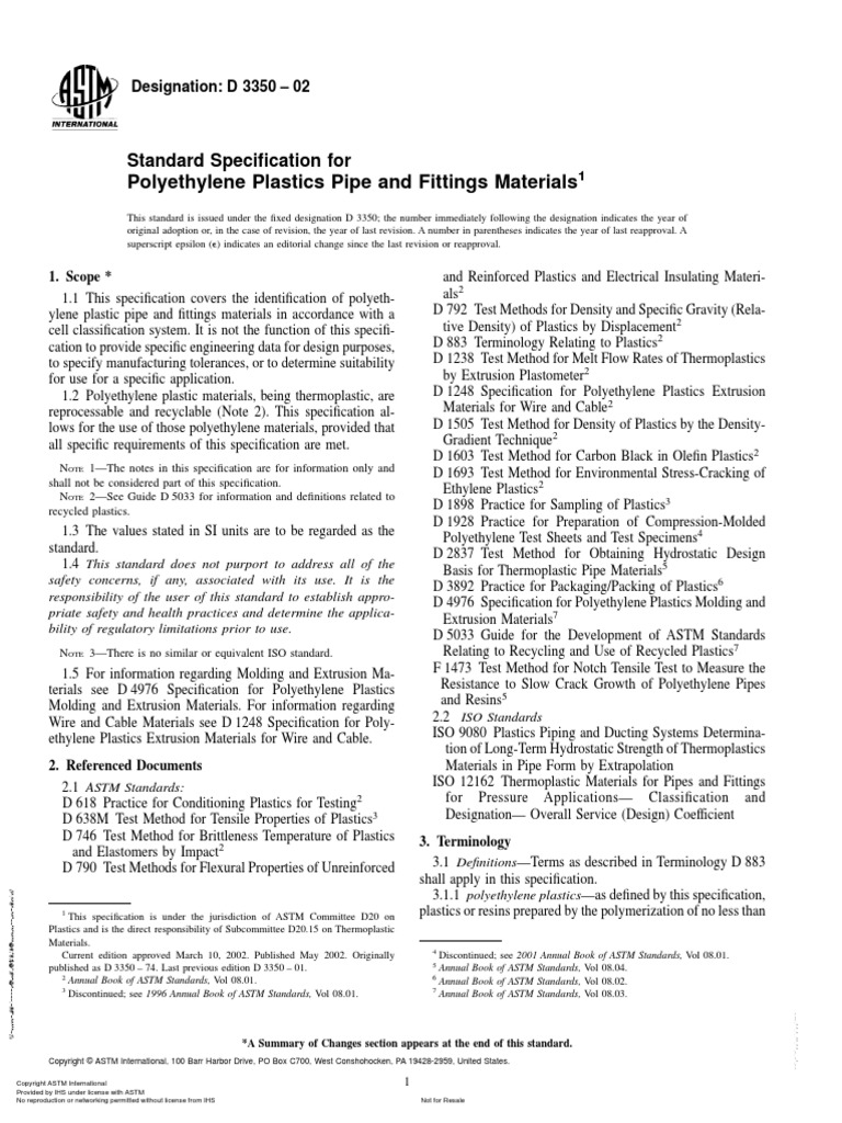 Polyethylene Plastics Pipe and Fittings Materials: Standard ...