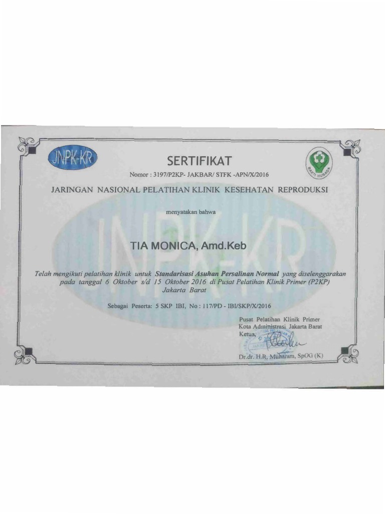 Sertifikat: Tia Monica, Amd - Keb | PDF