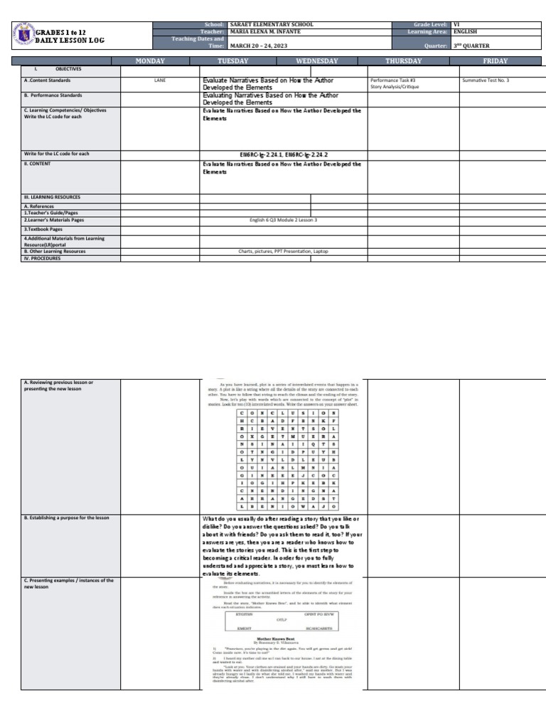 DLL - ENGLISH 6 - Q3 - March 20-24 | PDF | Learning | Change