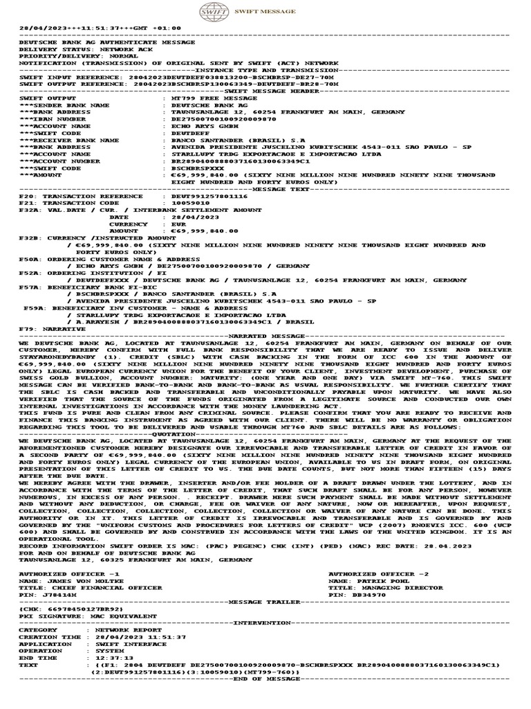 MT 799 Swift Message | PDF | Letter Of Credit | Personal Finance