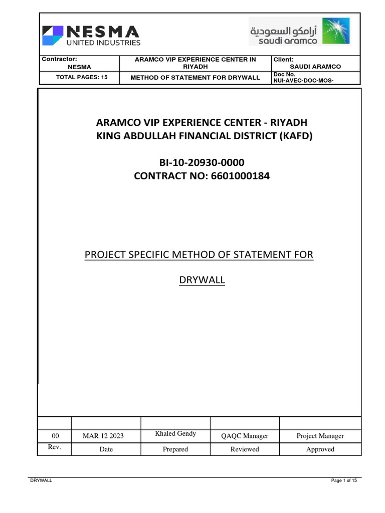 METHOD OF STATEMENT FOR DRYWALL-1 | PDF | Personal Protective Equipment ...