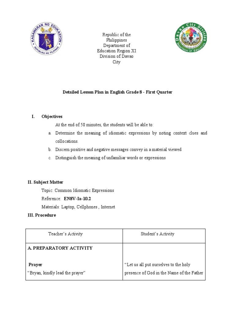 Grade 8 Idiomatic Expressions Lesson Plan | PDF | Idiom | Linguistics