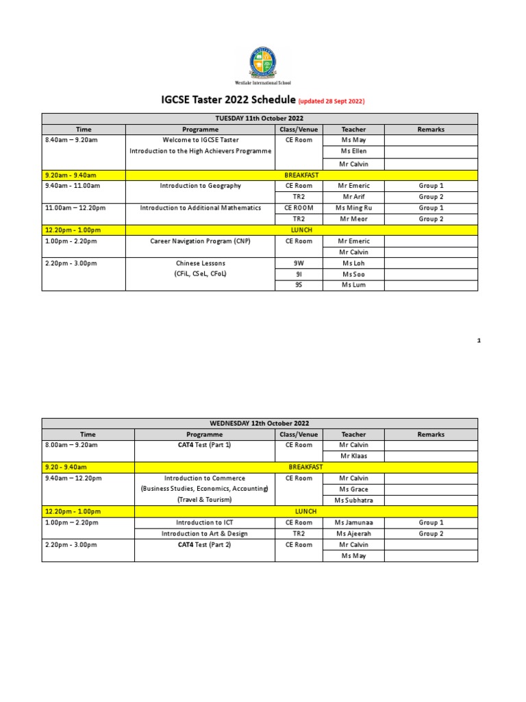 IGCSE Taster 2022 Schedule | PDF | Science
