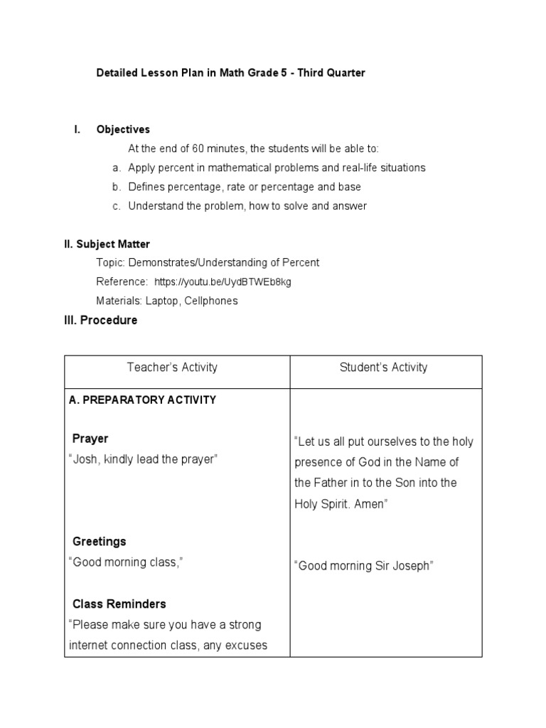 Detailed Lesson Plan in Math | PDF | Percentage