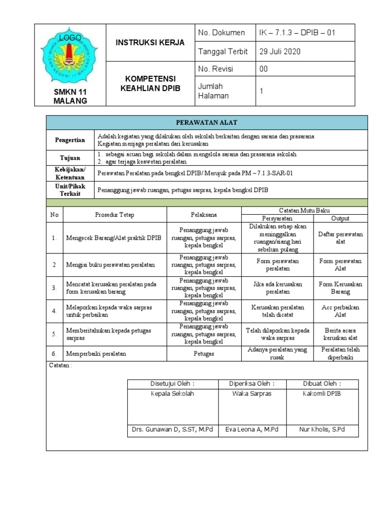 Prosedur Perawatan Alat DPIB SMKN 11 | PDF