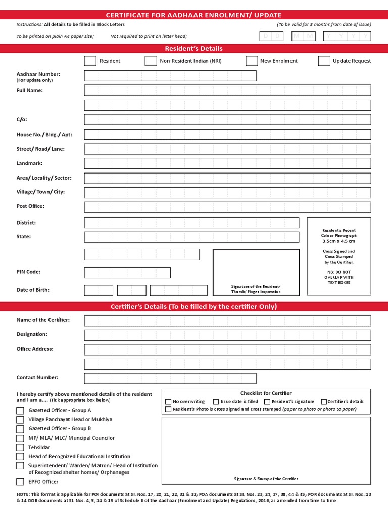 Adhar Update Form Pdf Government Written Communication