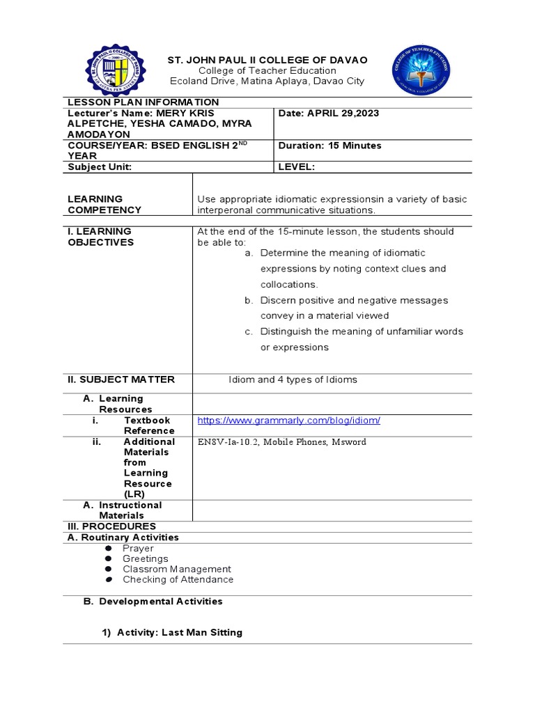 Lesson Plan on Idiomatic Expressions | PDF | Idiom | Human Communication