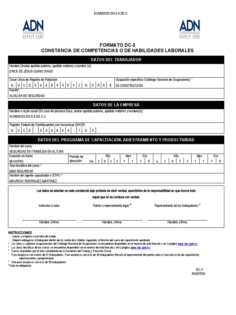 Formato Dc-3 Constancia de Competencias O de Habilidades Laborales | PDF