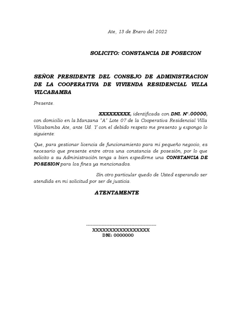 SOLICITUD DE CONSTANCIA DE POSECION | PDF