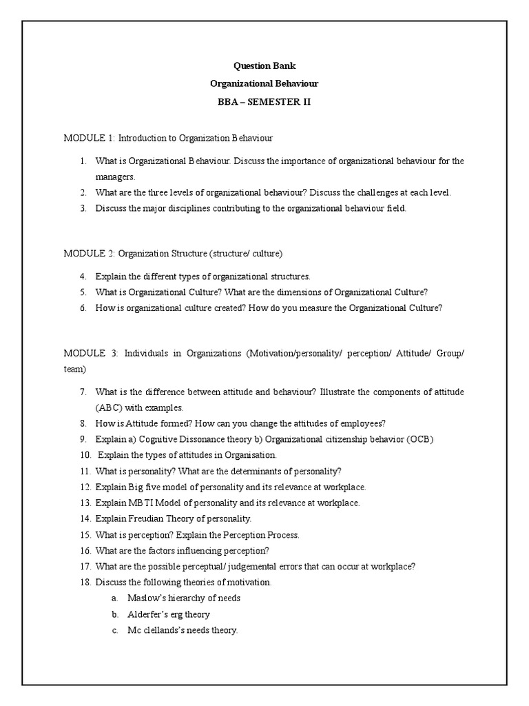 BBA Organizational Behavior Question Bank | PDF | Organizational ...