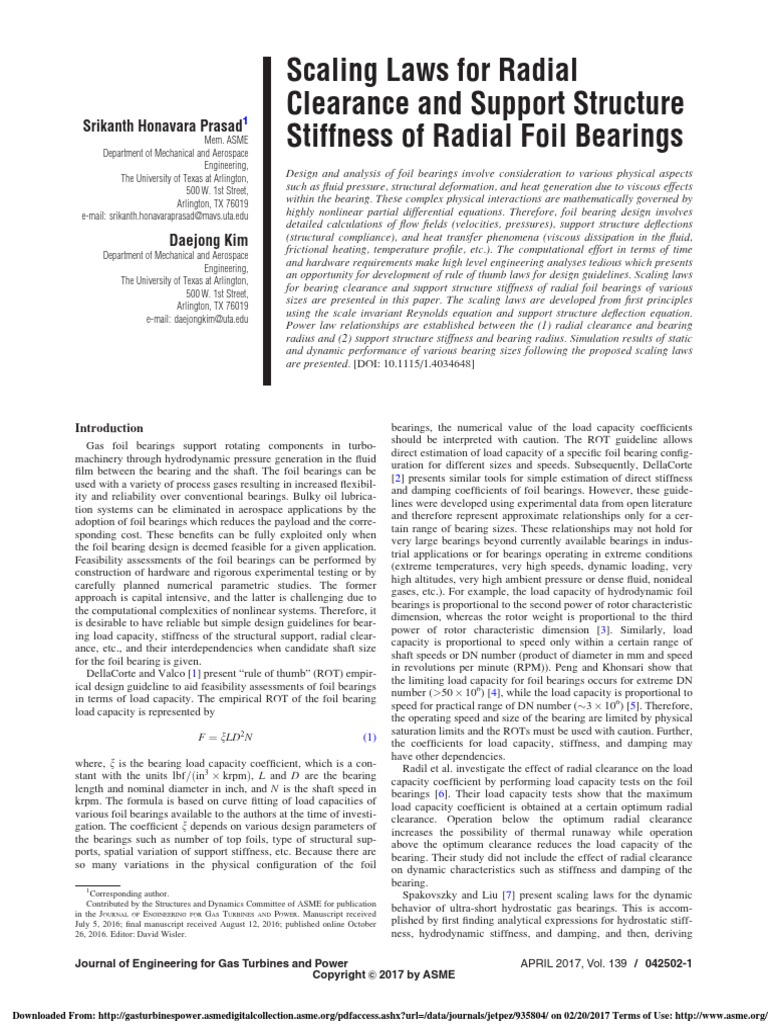 Scaling Laws For Radial Clearance and Support Structure Stiffness of Radial Foil Bearings ...