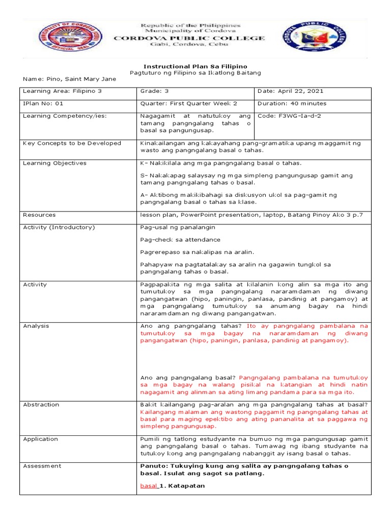 I Plan - Filipino Basal o Tahas- updated final | PDF