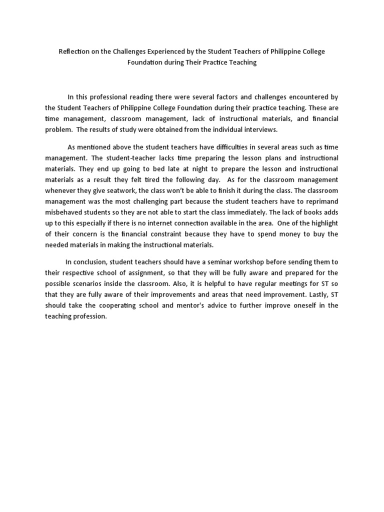Reflection On The Challenges Experienced by The Student Teachers of ...