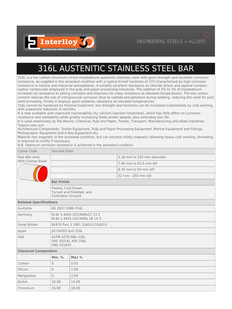 316l Austenitic Stainless Steel Bar | PDF | Stainless Steel | Steel