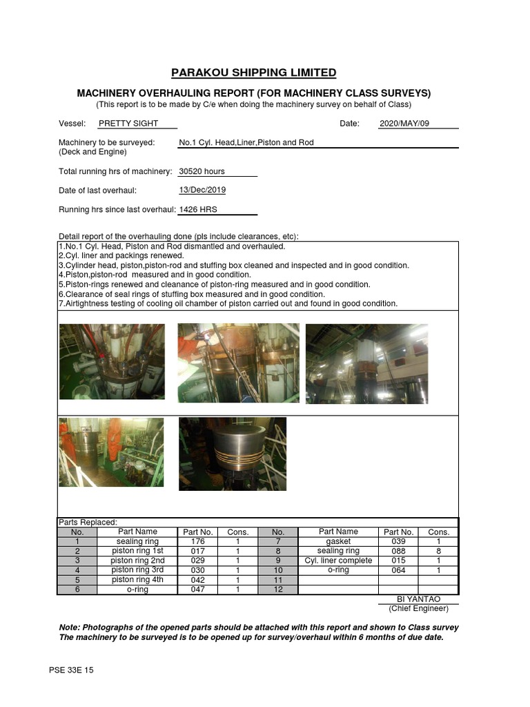 PSE 33 MACHINERY OHAUL REPORT-No.1 Cyl. Head, Liner, Piston and Rod | PDF