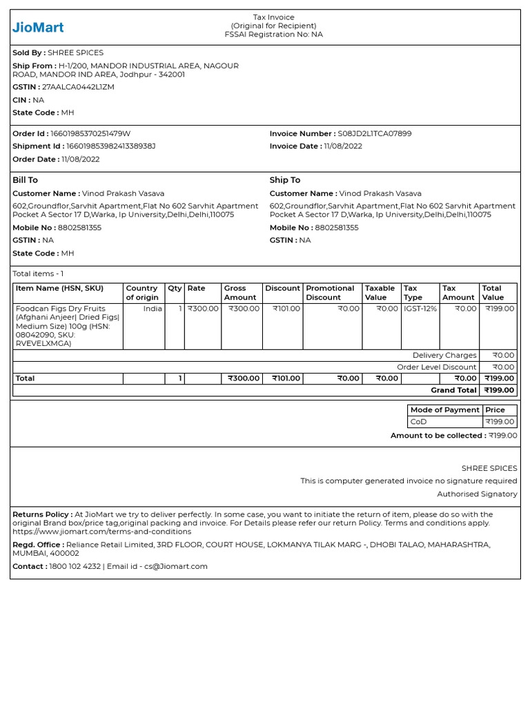 Tax Invoice for SHREE SPICES Order | PDF | Market (Economics ...
