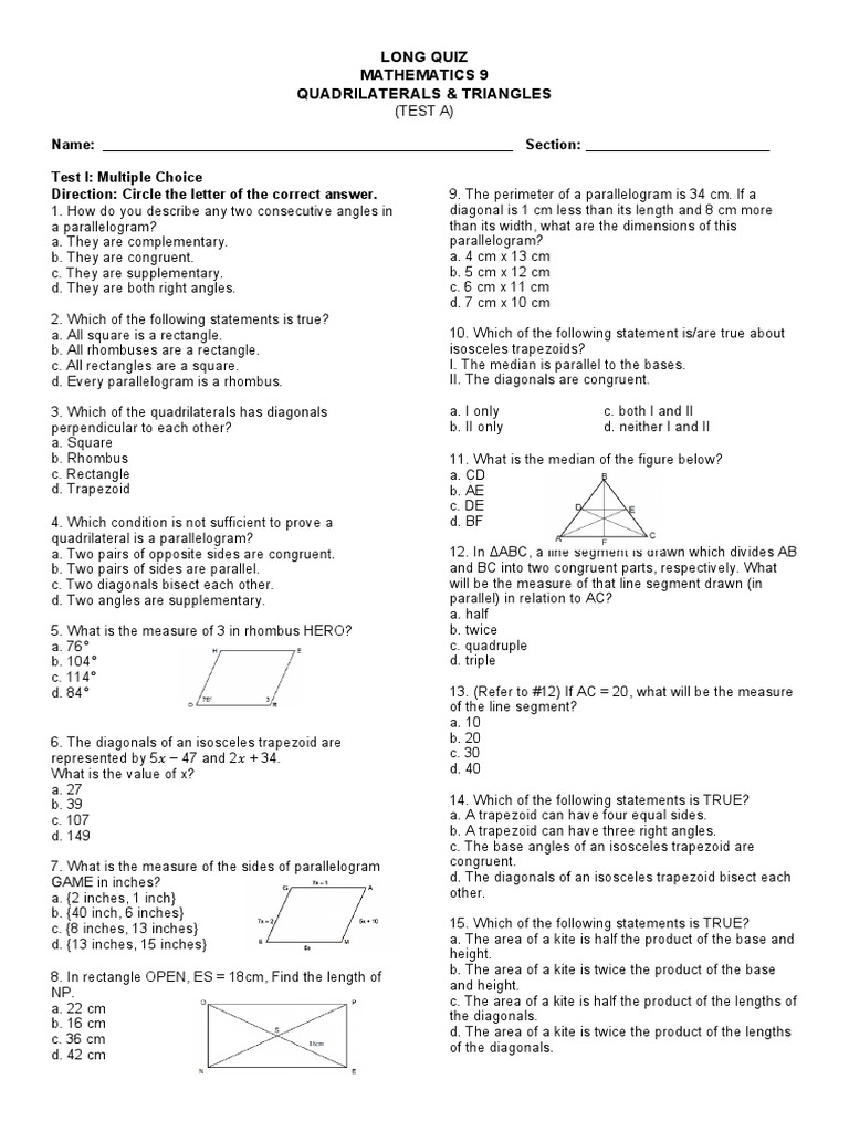Quadrilaterals & Triangles Quiz | PDF | Rectangle | Elementary Mathematics