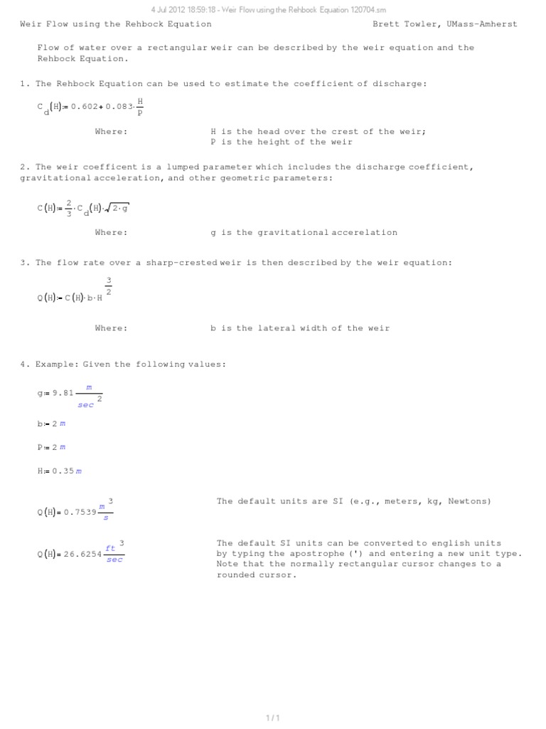Weir Flow Calculation with Rehbock Equation | PDF