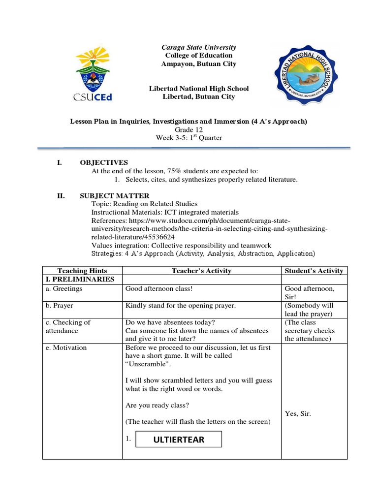 Lesson Plan in Inquiries, Investigations and Immersion (4 A’s Approach ...