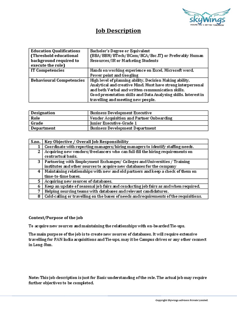 JD For Vendor Acquisition and Partner Onboardings | PDF