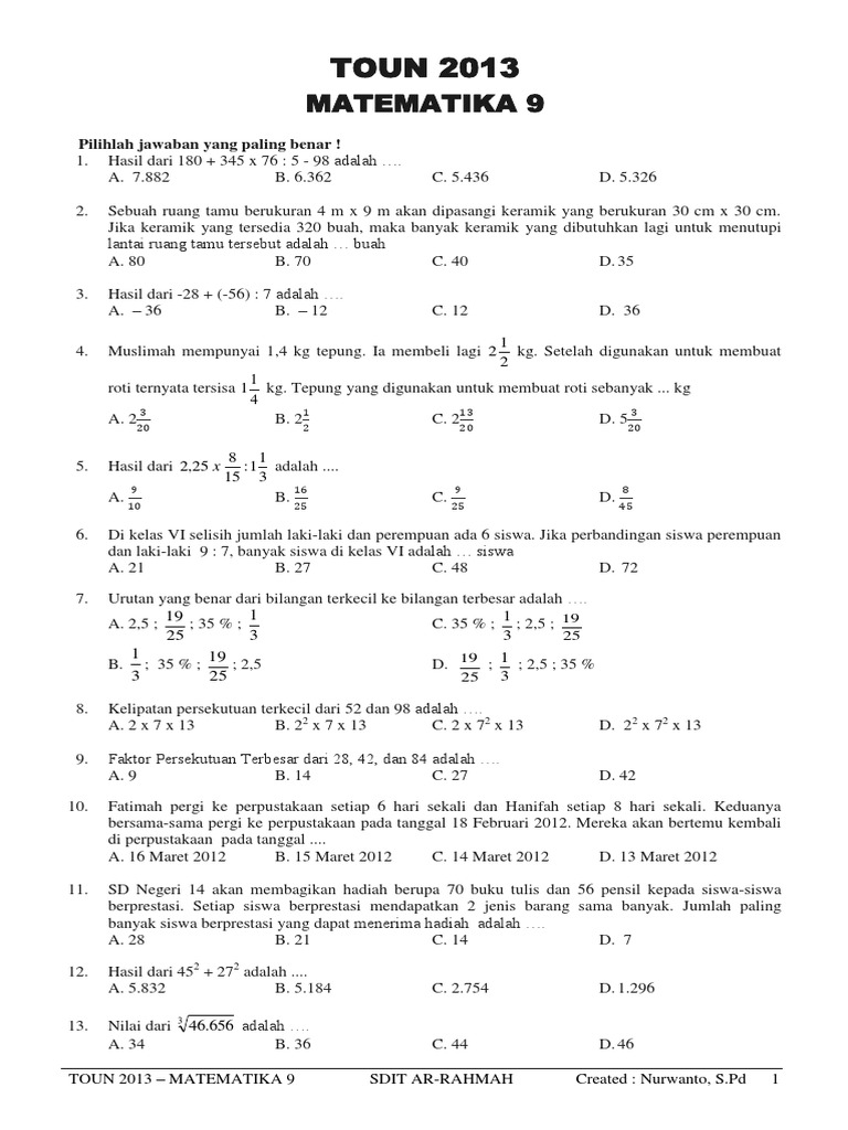 Tryout Matematika 9 | PDF | Griya & Taman