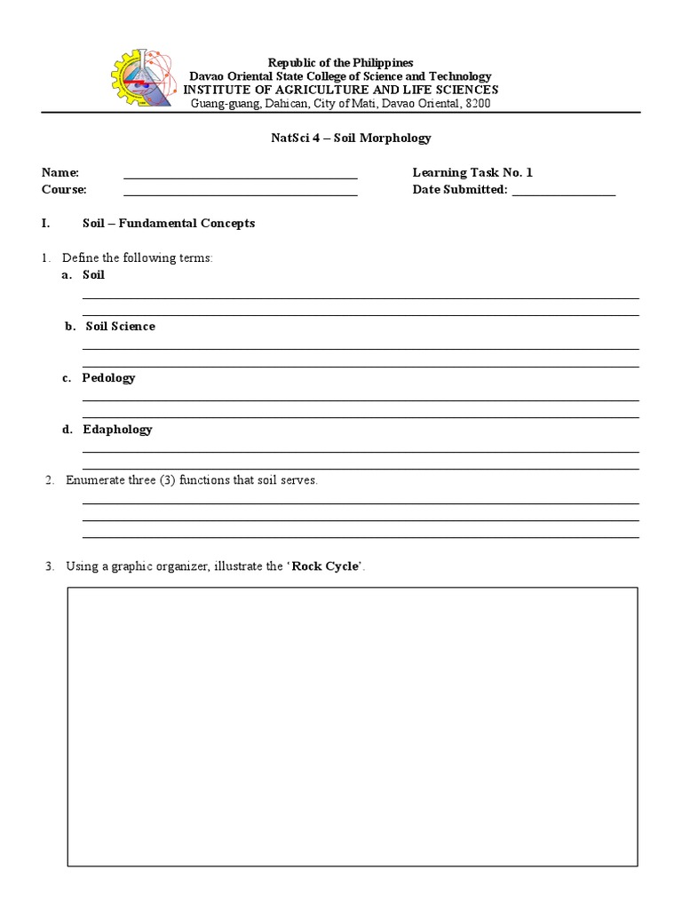 Natsci 4 - Soil Morphology Name: - Learning Task No. 1 Course: - Date Submitted: - I. Soil ...