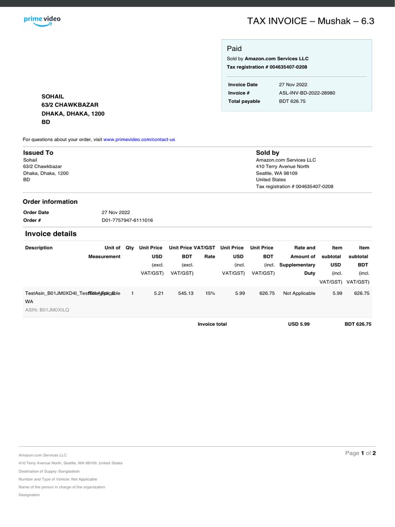 TAX INVOICE - Mushak - 6.3: Sohail 63/2 Chawkbazar DHAKA, DHAKA, 1200 ...