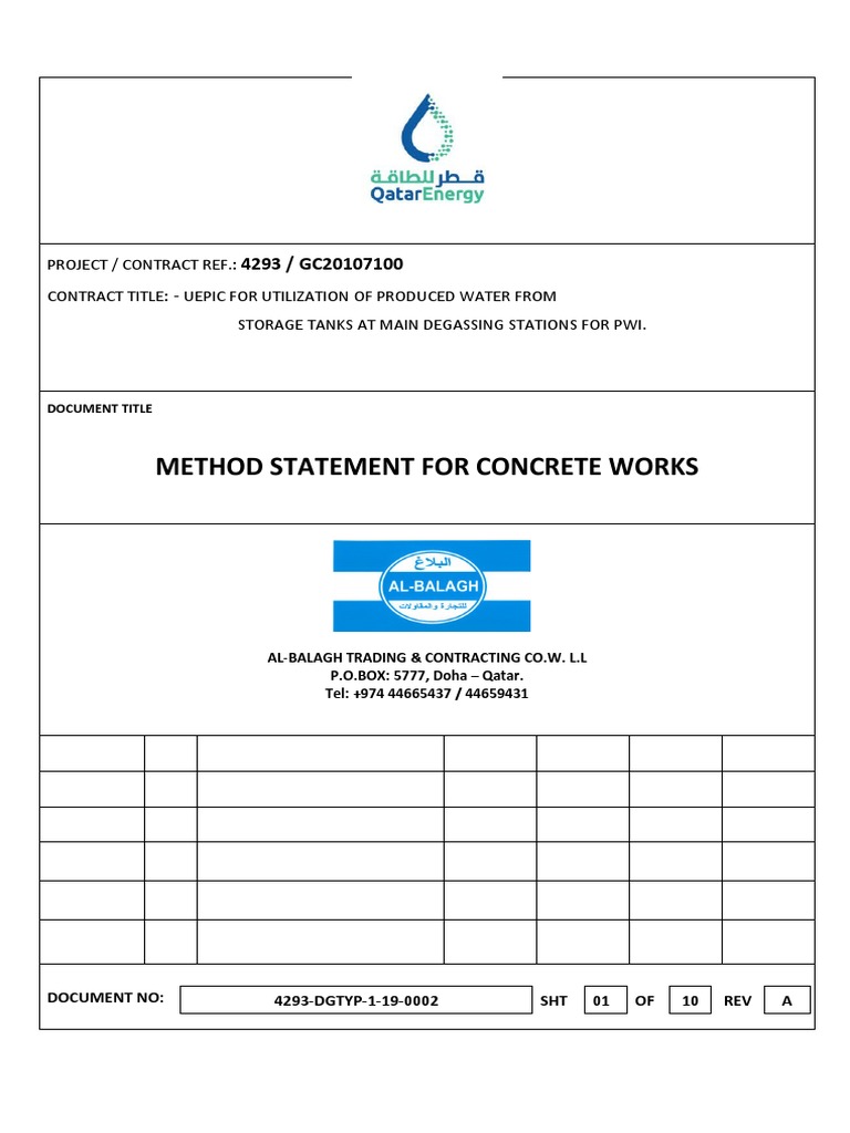 Method Statement For Concrete Works | PDF | Concrete | Surveying